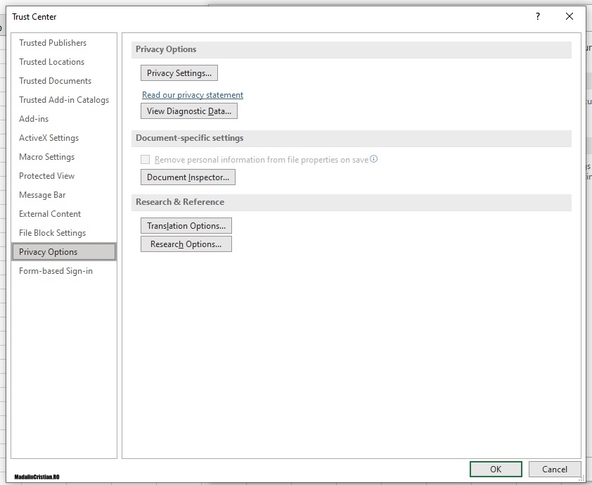 MS Excel Trust Center - MadalinCristian.RO